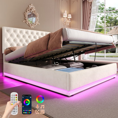 4FT6 Double Ottoman Bed Frame with LED Lighting, Velvet Adjustable ...