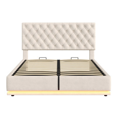4FT6 Double Ottoman Bed Frame with LED Lighting, Velvet Adjustable ...
