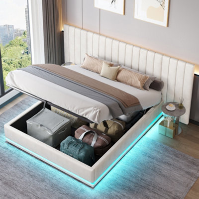 4ft6 Double Ottoman Bed with LED Lighting, Velvet Upholstered ...