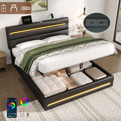 4ft6 Double Upholstered Bed Frame with Hydraulic Storage, PU Ottoman ...