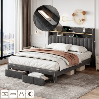 4ft6 Double Upholstered Bed with 2 Storage Drawers with Charging and Lighting Linen Platform Bed Frame