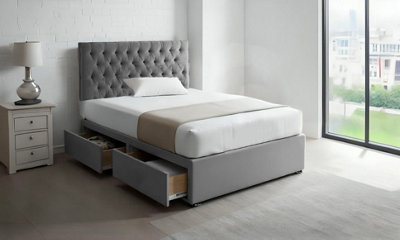 4FT6 Grey Suede Divan Bed Set With Mattress & 20''Headboard with 2 ...