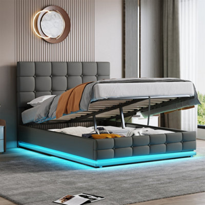 4ft6 Ottoman Bed with LED Lighting, PU Leather Upholstered, Hydraulic ...