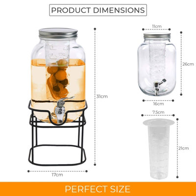 4L Glass Drinks Dispenser Jar on stand Juice & Cocktail Jug with Lid ...