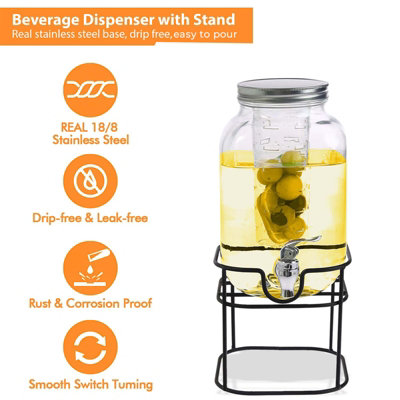 4L Glass Drinks Dispenser Jar on stand Juice & Cocktail Jug with Lid ...
