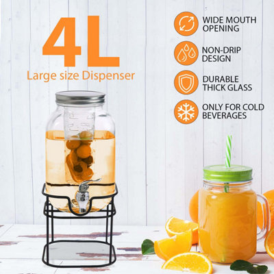 4L Glass Drinks Dispenser Jar on stand Juice & Cocktail Jug with Lid ...