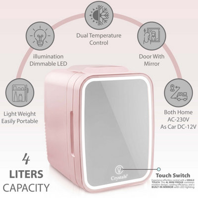 4L Mini Fridge with LED Mirror Portable Cooler Warmer Table Top Bedroom ...