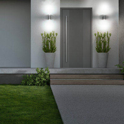 4lite Marinus GU10 Bi-Directional Outdoor Wall Light without PIR - Stainless Steel, Pack of 2 at B&Q