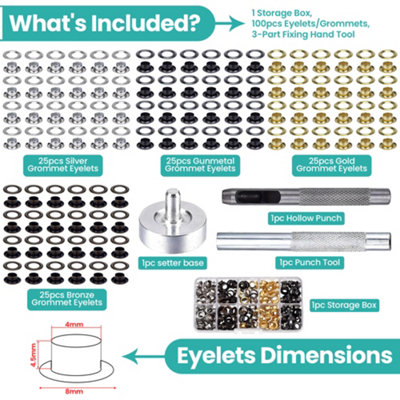 4mm Eyelets with Hand Tools, 100pcs Grommets Eyelets, 4 Colours