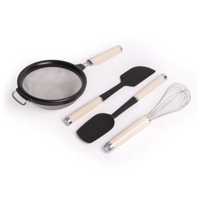 4pc Almond Cream Cooking Utensil Set with Wire Whisk, Strainer, Spoon ...