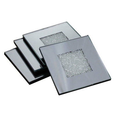 4pc Glass Mirror Coasters with Crushed Diamantes Set