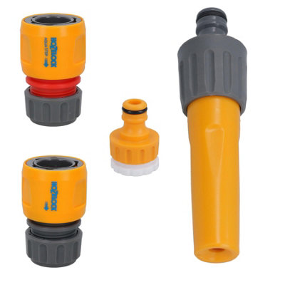 4PC HOZELOCK GARDEN HOSE FITTINGS TAP CONNECTORS SPRAYER NOZZLE STARTER KIT