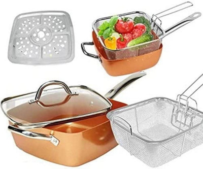 4pc Non Stick Chip Pan Oven Set Fryer Deep Fat Frying Basket Pot With ...