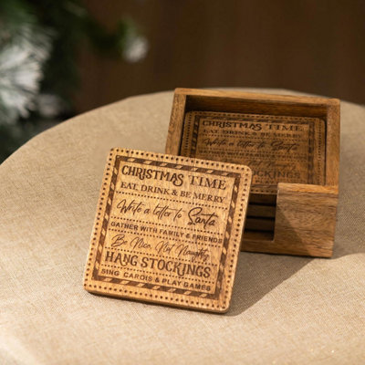 4pc Wooden Christmas Coaster Set - Carols