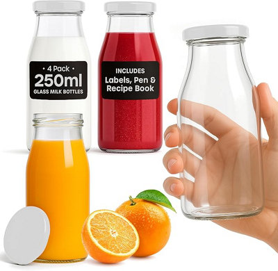 4x 250ml Reusable Glass Bottles with White Lids, Labels & Pen - Ideal ...