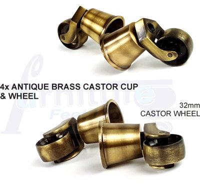 4x ANTIQUE BRASS CASTOR & CUP REPLACMENT 32mm ANTIQUE BRASS CASTORS FIX ...