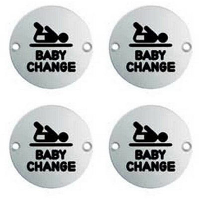 4x Bathroom Door Baby Change Sign 64mm Fixing Centres 76mm Dia Satin Steel