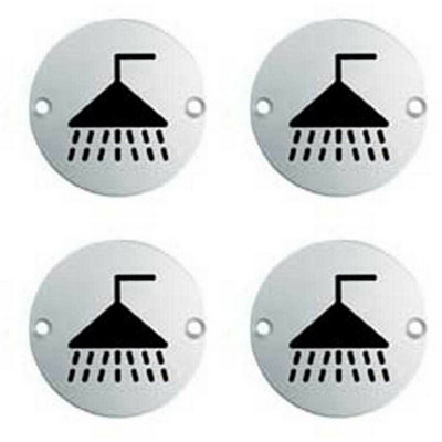 4x Bathroom Door Shower Symbol Sign 64mm Fixing Centres 76mm Dia Satin ...