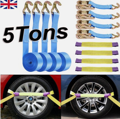 4x BLUE CAR TRAILER Over Tyre Tie Down Transporter Heavy Duty Ratchet ...