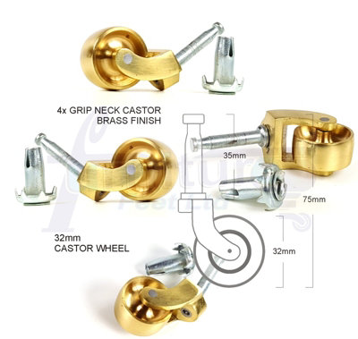 4x BRASS CASTOR & SOCKET PUSH IN CASTORS 32mm BRASS GRIP NECK CASTORS ...