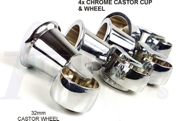 4x CHROME CASTOR & CUP 32mm REPLACMENT CHROME CASTORS FIX WITH SCREW OR ...
