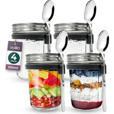 4X GLASS JARS - OVERNIGHT OATS JARS WITH LIDS, SPOON HOLDER, SPOON AND ...
