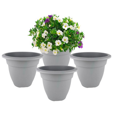 4x Grey Round Bell Plant Pots 30cm Plastic Bell Planter Patio Pot