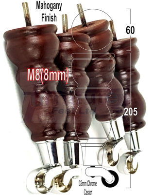 4x MAHOGANY 205mm HIGH WOODEN FURNITURE LEGS WITH REPLACEMENT CHROME ...