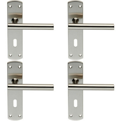 4x Mitred T Bar Lever Door Handle on Lock Backplate 172 x 44mm Satin Steel