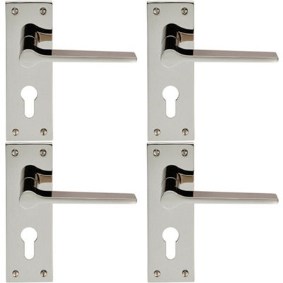 4x PAIR Flat Straight Lever on Slim Euro Lock Backplate 150 x 50mm Nickel