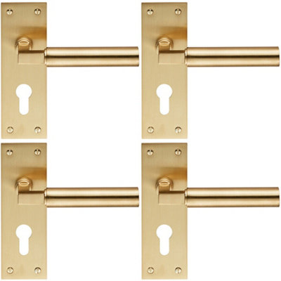 4x PAIR Round Bar Handle on Slim Euro Lock Backplate 150 x 50mm Satin Brass