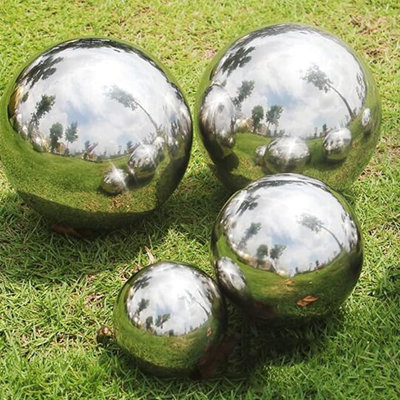 4X REFLECTIVE GAZING BALLS FOR GARDEN, STAINLESS STEEL SILVER GARDEN ...