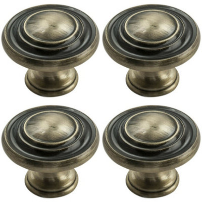 4x Round Ringed Pattern Door Knob 32mm Diameter Antique Burnished Brass Handle