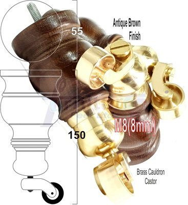 4x SOLID WOODEN FEET WITH BRASS CAULDRON CASTORS REPLACEMENT FURNITURE ...