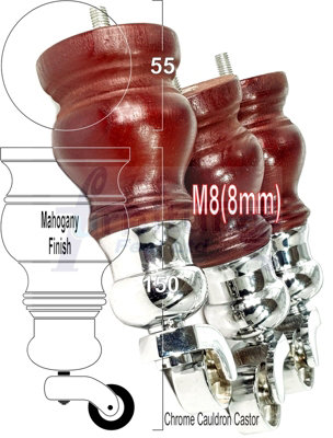 4x SOLID WOODEN FEET WITH CHROME CAULDRON CASTORS REPLACEMENT FURNITURE ...