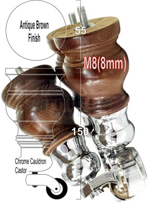 4x SOLID WOODEN FEET WITH CHROME CAULDRON CASTORS REPLACEMENT FURNITURE ...