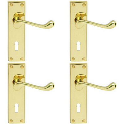 4x Victorian Scroll Lever on Rectangular Lock Backplate 155 x 41mm Brass