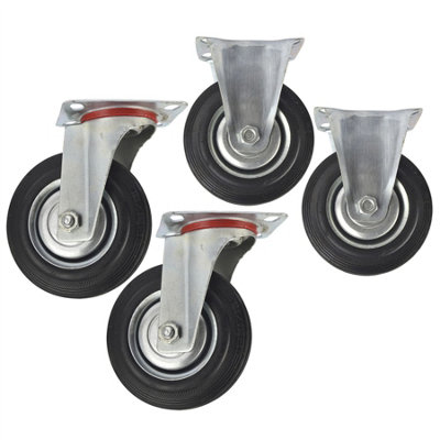 5" (125mm) Rubber Fixed and Swivel Castor Wheel Trolley Caster (4 Pack)