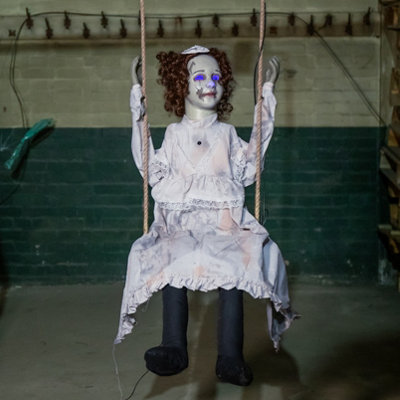 5.5ft Motion Activated Animated Swinging Decrepit Halloween Doll with LEDs
