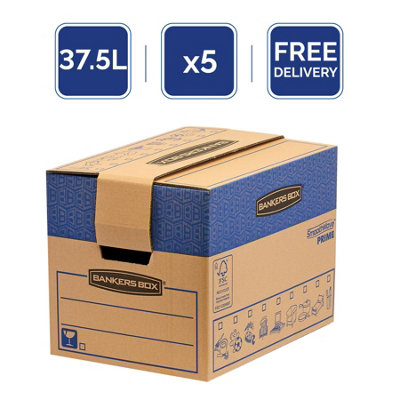 5 BANKERS BOX Cardboard Moving Boxes 37.5L Ultra Heavy Duty Double Wall ...