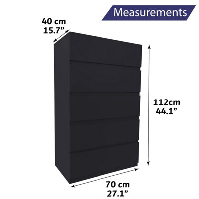 5 Chest Of Drawer BLACK Deep Chest of Wooden Drawers