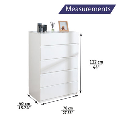 5 Chest Of Drawer WHITE Deep Chest of Wooden Drawers