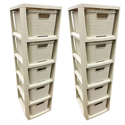 5 Drawer Large Spacious Rattan Effect Cream Home Office Modular Storage Tower Unit