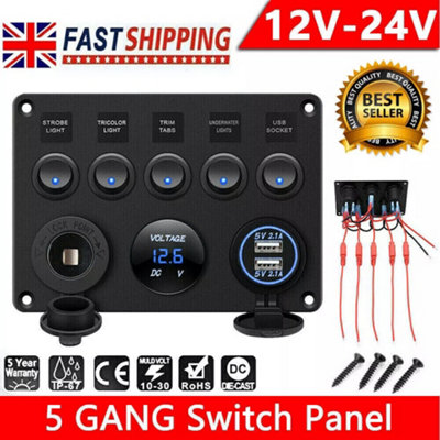 5 Gang 12-24V LED Switch Panel with Dual USB Charger & Voltmeter for ...