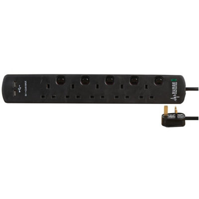5 Gang 2 USB Surge Protected Switched Extension Lead, 2m, Black