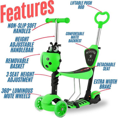5 in 1 Kids Scooter with Seat and Push Handle 3 Wheel Toddler Scooter ...