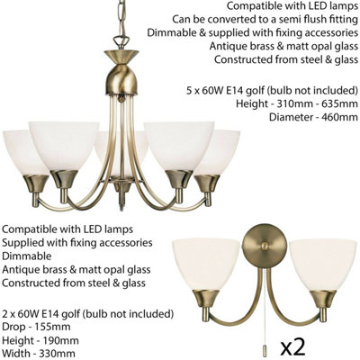 5 Lamp Ceiling & 2x Twin Wall Light Pack Antique Brass Glass Matching ...