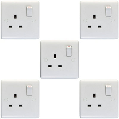 5 PACK 1 Gang Double Pole 13A Switched UK Plug Socket - WHITE Wall ...