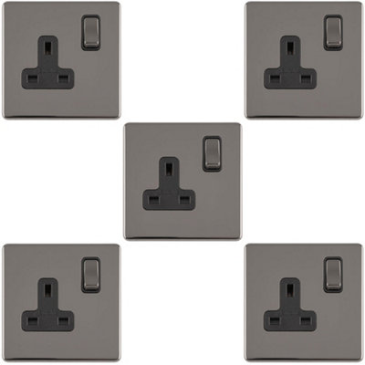 5 PACK 1 Gang DP 13A Switched UK Plug Socket SCREWLESS BLACK NICKEL ...