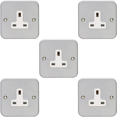 5 PACK 1 Gang Single 13A Unswitched UK Plug Socket HEAVY DUTY METAL ...